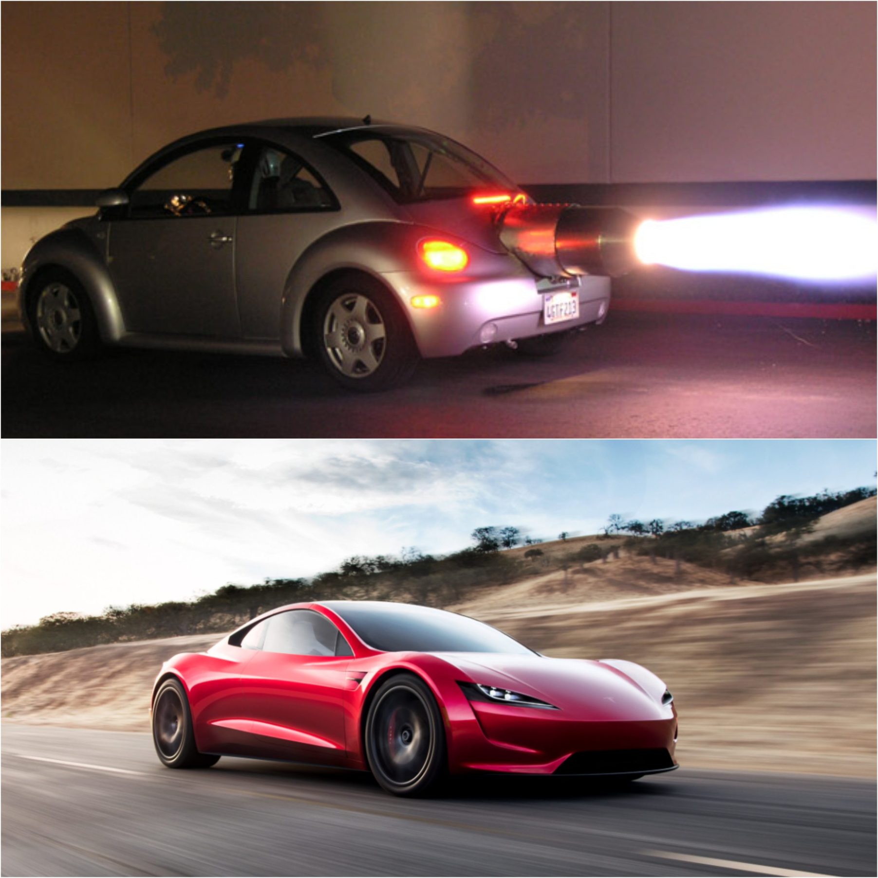 Rocket-Powered Tesla Roadster vs. Jet Powered Beetle