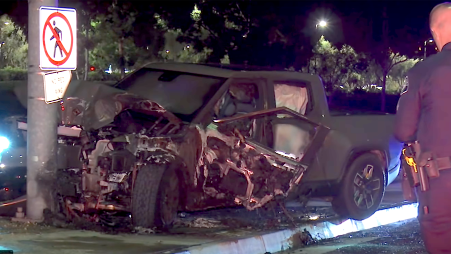 Watch: New Rivian Hits Pole-Fire Ensues