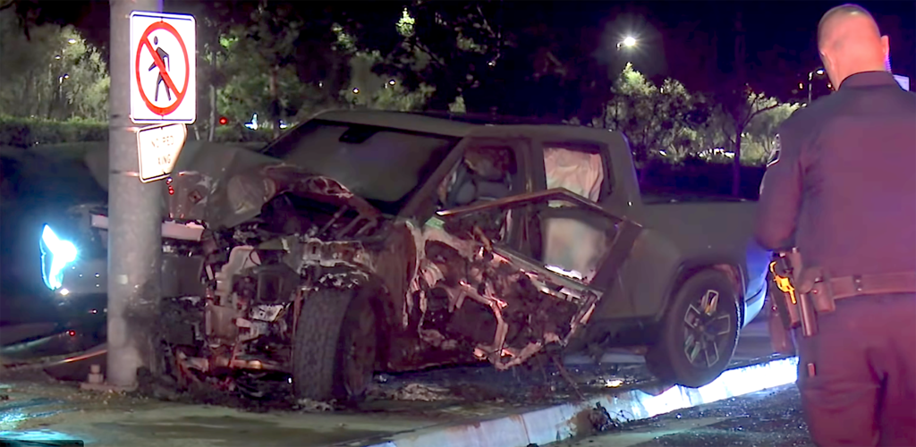 Watch: New Rivian Hits Pole-Fire Ensues