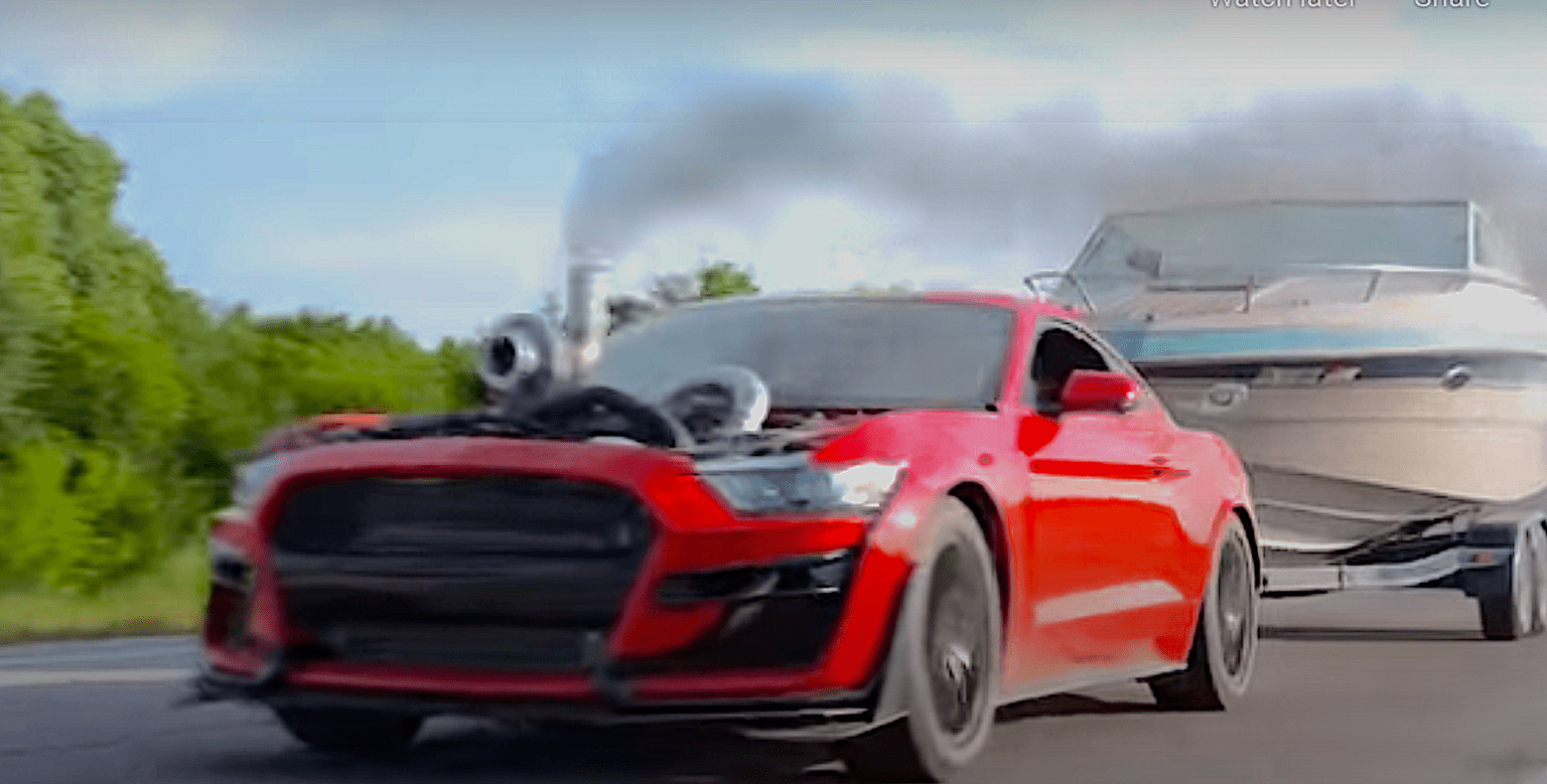 Watch: Diesel Swapped Mustang Pulling a Boat Gets Crazy